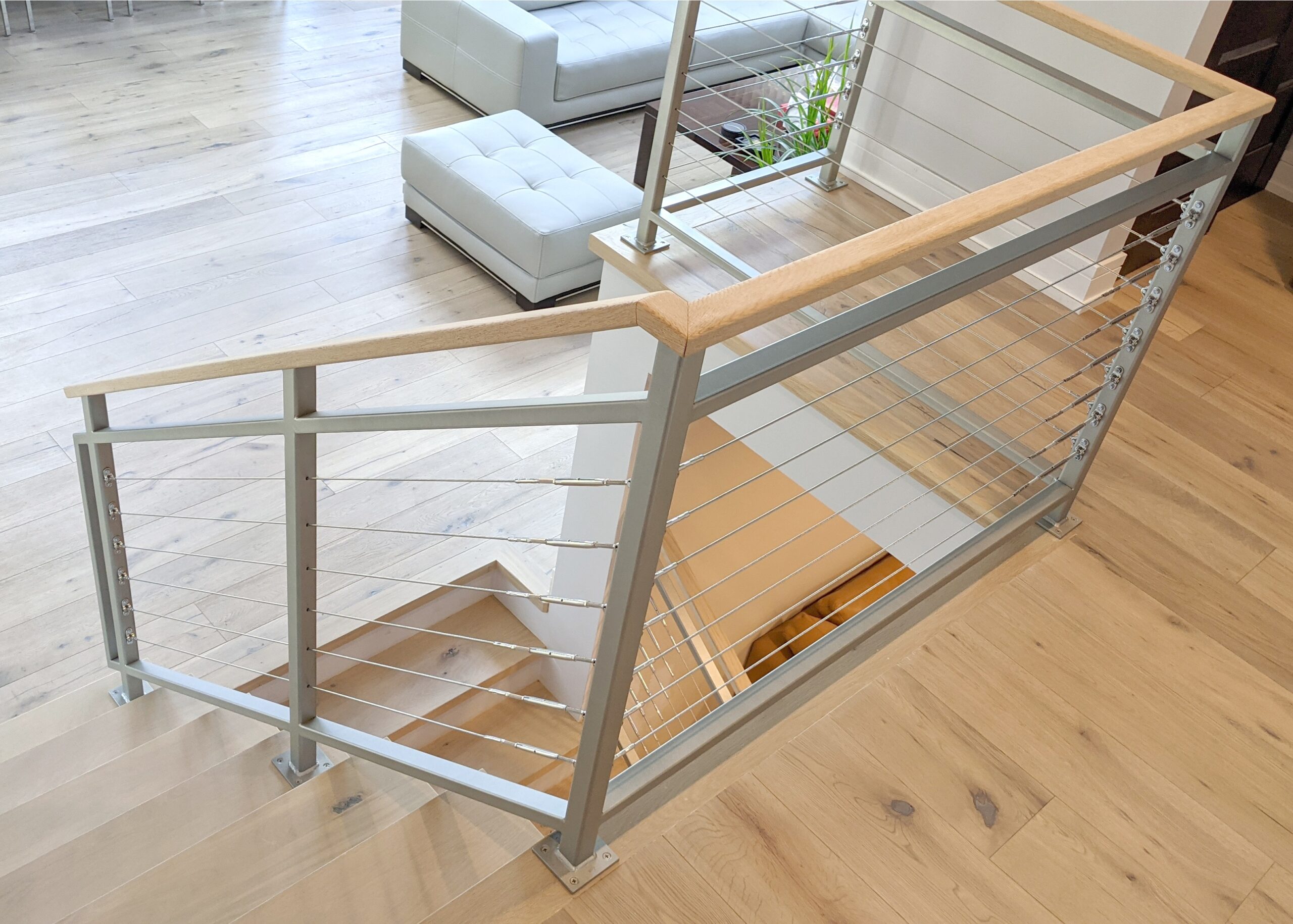 Urban Modern wrought iron & wood & cable railings painted silver in ...